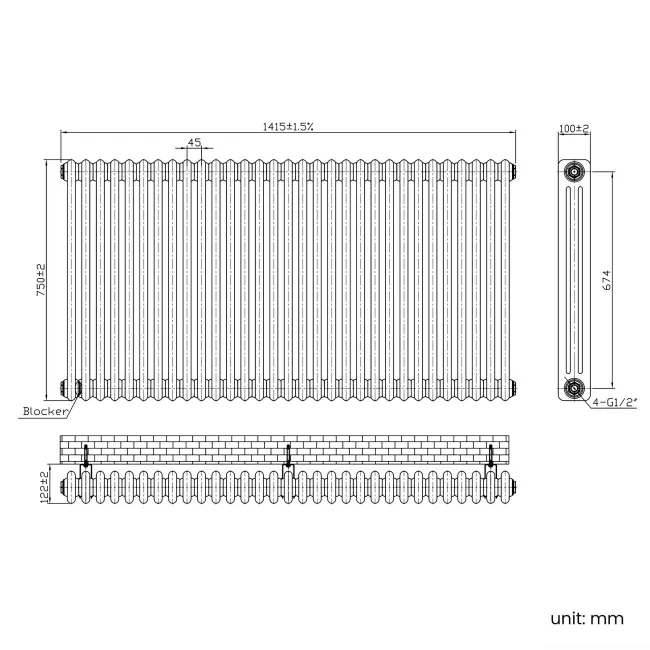 Athens Black Triple Horizontal Radiators | 750x1415mm