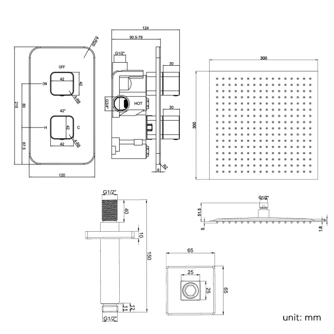 Galway Ceiling Square Thermostatic Shower Set - 300mm Head