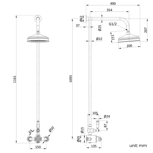 Nevis Thermostatic Shower Set | Brushed Brass | Traditional