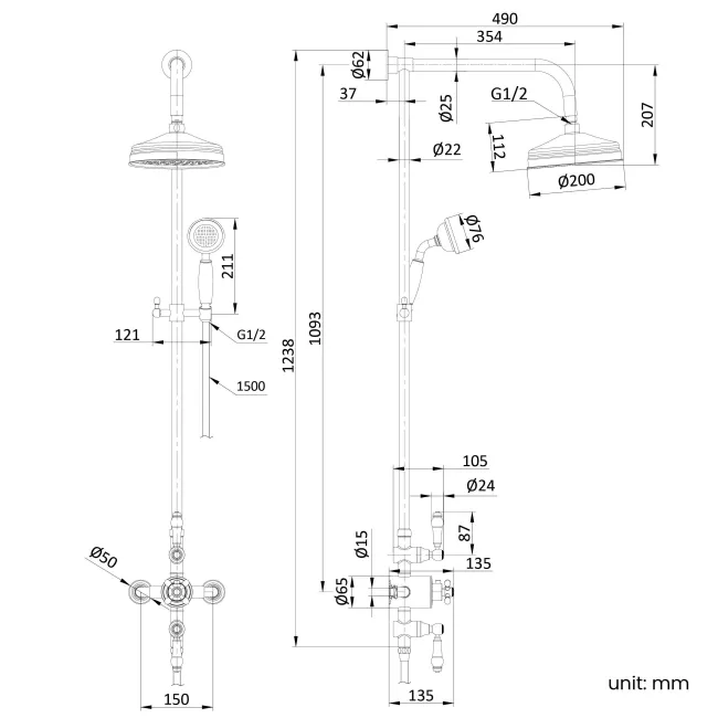 Nevis Thermostatic Shower Set with Hand Shower | Brushed Brass