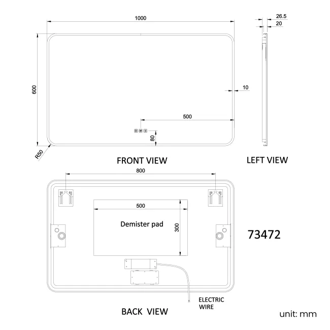 Mila Backlit LED Mirror with Bluetooth | Black Frame | 600x1000mm