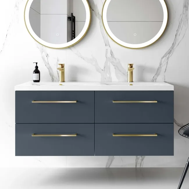 Elba Inky Blue Wall Hung Double Basin Drawer Vanity 1200mm - Gold Accents