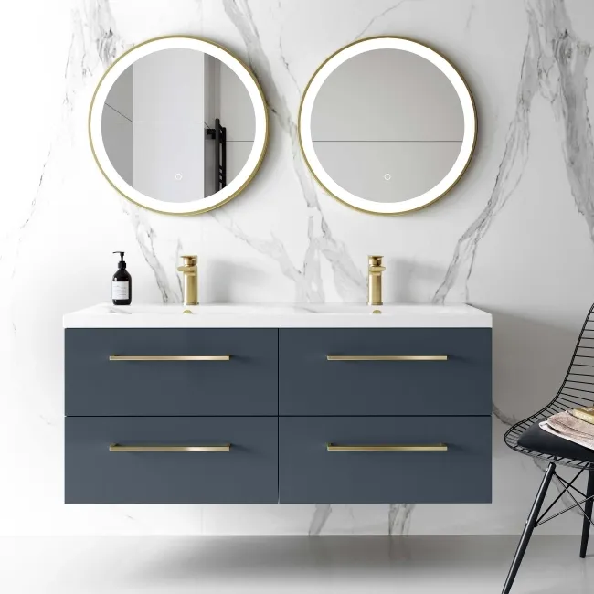 Elba Inky Blue Wall Hung Double Basin Drawer Vanity 1200mm - Gold Accents