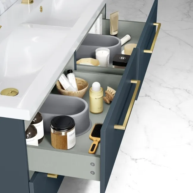 Elba Inky Blue Wall Hung Double Basin Drawer Vanity 1200mm - Gold Accents