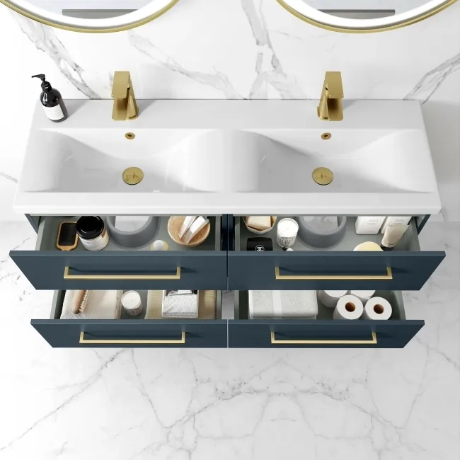 Elba Inky Blue Wall Hung Double Basin Drawer Vanity 1200mm - Gold Accents