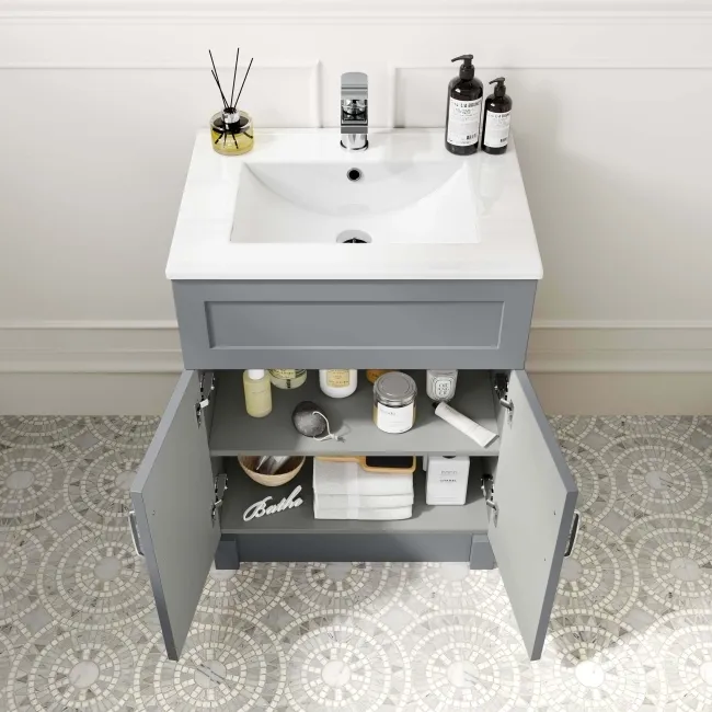 Fog Grey Basin Vanity | 600mm | Traditional Handles | Milos