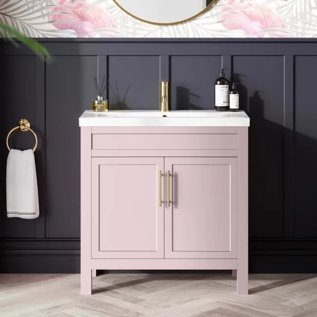 Bermuda Pink Basin Vanity 800mm - Brass Knurled Handles | Bathroom Mountain