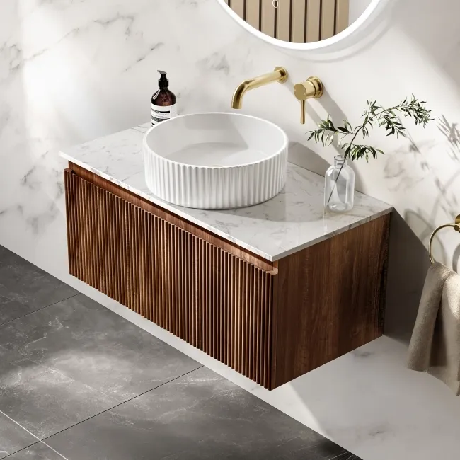 Malta Fluted Black Walnut Wall Hung Drawer Vanity | Marble Top | Nevis