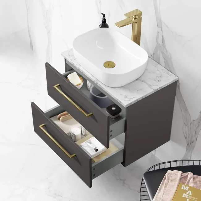 Elba Graphite Grey Wall Hung Drawer Vanity with Marble Top & Curved ...