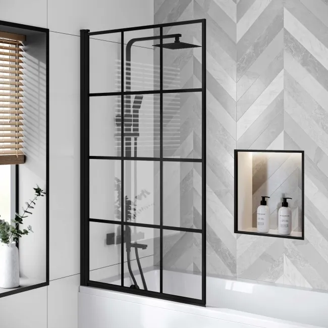 Hereford Square Shower Bath 1600x700 & Matt Black Grid Bath Screen
