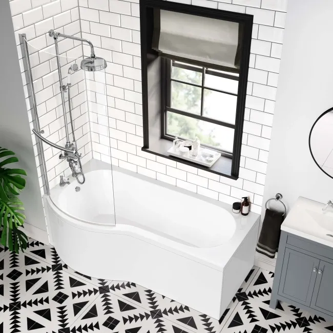 P-Shaped Shower Bath with Front Panel and Screen with Rail