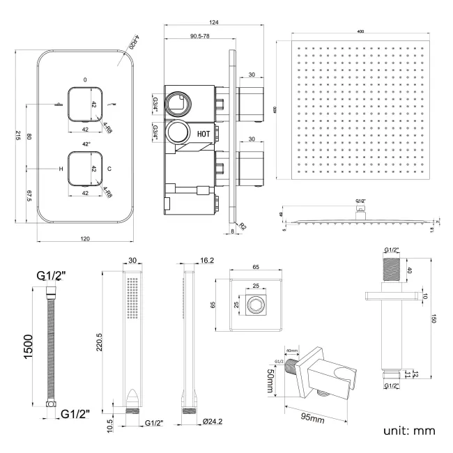 Galway Premium Ceiling Chrome Square Thermostatic Shower Set