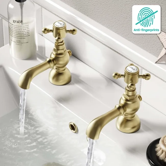Tweed Traditional Hot & Cold Basin Taps | Brushed Brass | Bathroom Mountain