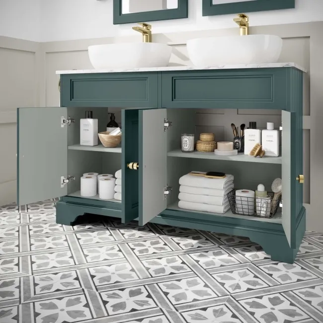 Lucia Midnight Green Double Vanity with Marble Top & Curved Counter Top ...