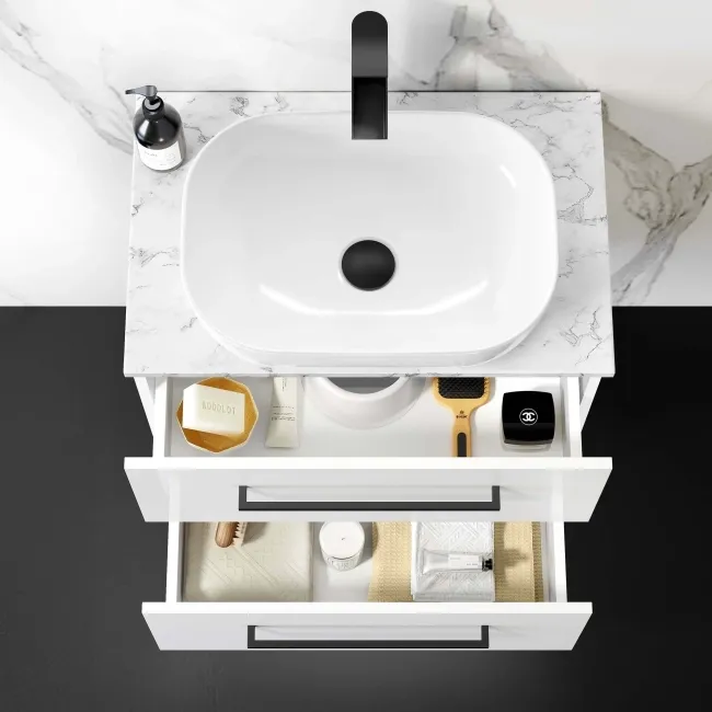 Elba Gloss White Wall Hung Drawer Vanity with Marble Top & Curved ...