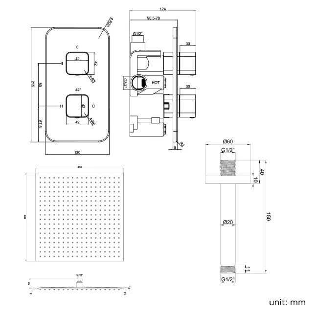 Galway Ceiling Square Thermostatic Shower Set - Matt Black