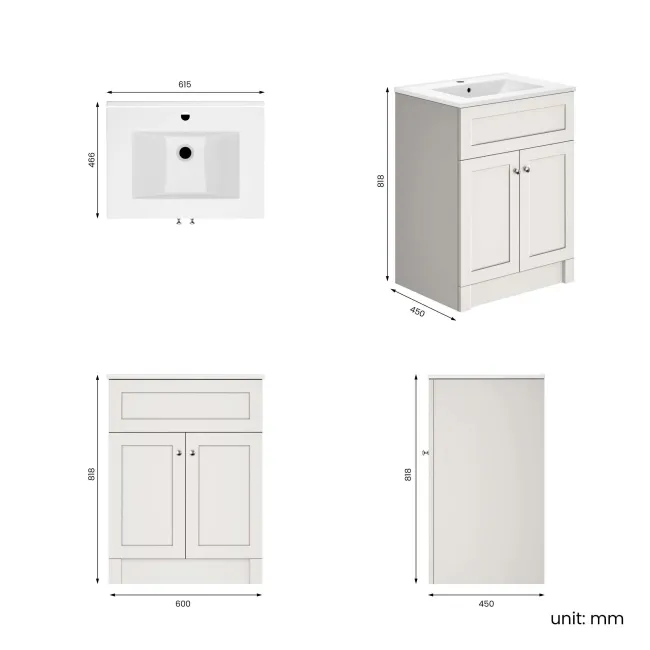 Cotton White Basin Vanity | 600mm | Brushed Handles | Milos