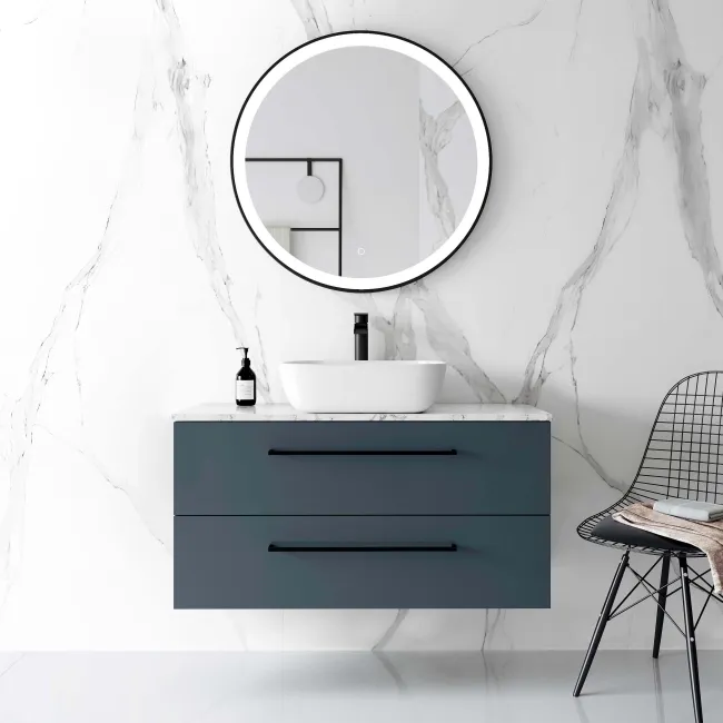 Elba Inky Blue Wall Hung Drawer Vanity with Marble Top & Curved Counter ...