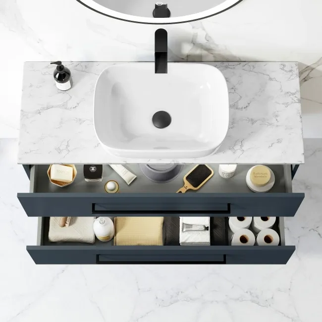 Elba Inky Blue Wall Hung Drawer Vanity with Marble Top & Curved Counter ...