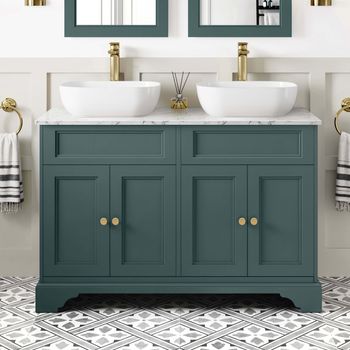 Lucia Midnight Green Double Vanity with Marble Top & Curved Counter Top ...