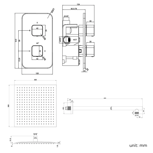 Galway Matt Black Square Shower Set - 300mm Head