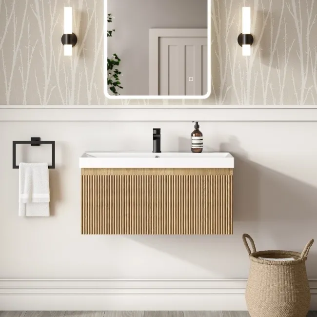 Malta Fluted Vanity 800mm Oak Wall Hung Basin Drawer Unit