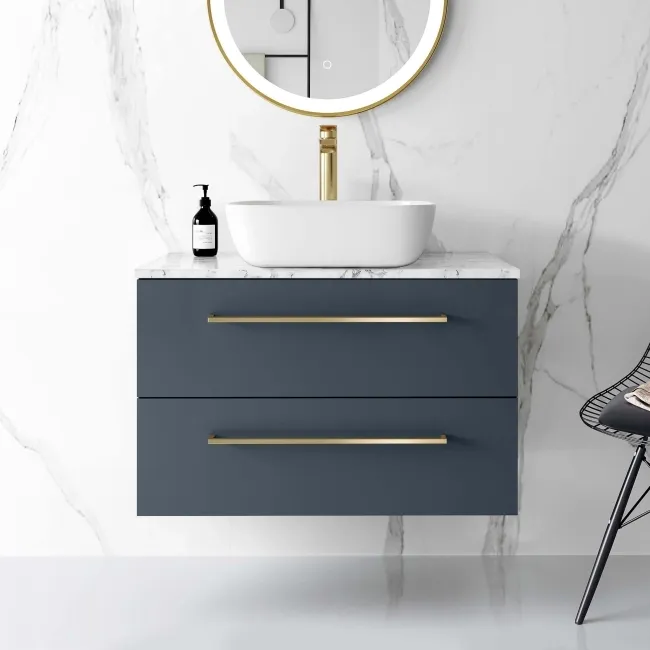 Elba Inky Blue Wall Hung Drawer Vanity with Marble Top & Curved Counter ...