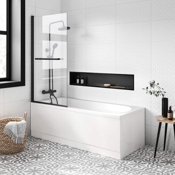 Stafford Shower Bath Matt Black Screen with Rail 1700x700