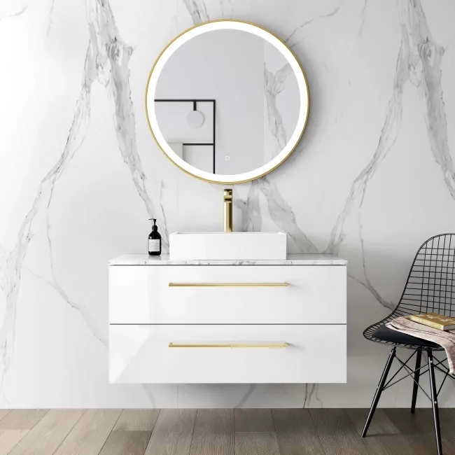 Elba Gloss White Wall Hung Drawer Vanity with Marble Top & Cody Basin ...
