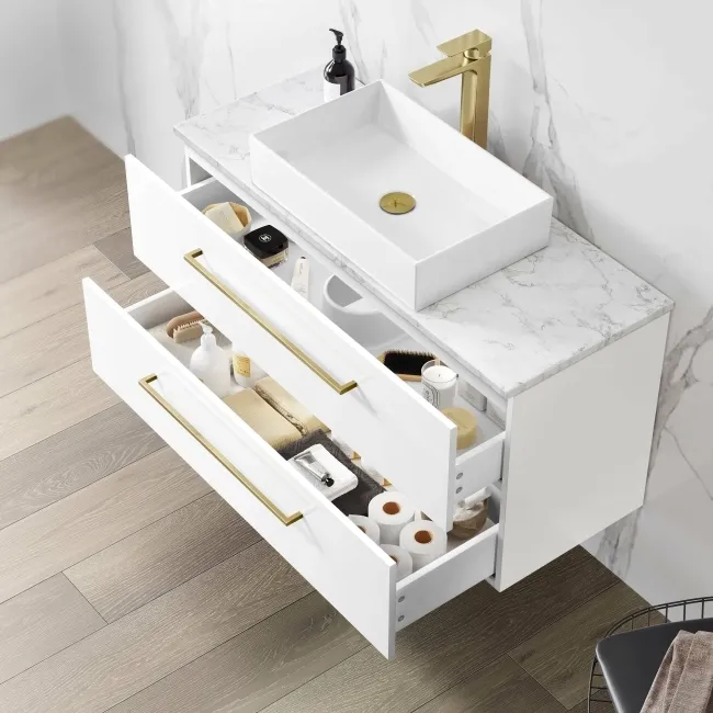 Elba Gloss White Wall Hung Drawer Vanity with Marble Top & Cody Basin ...