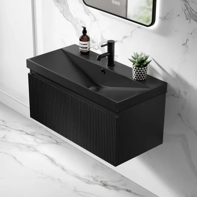 Malta Fluted Vanity 800mm Matt Black Drawer Unit with Black Basin
