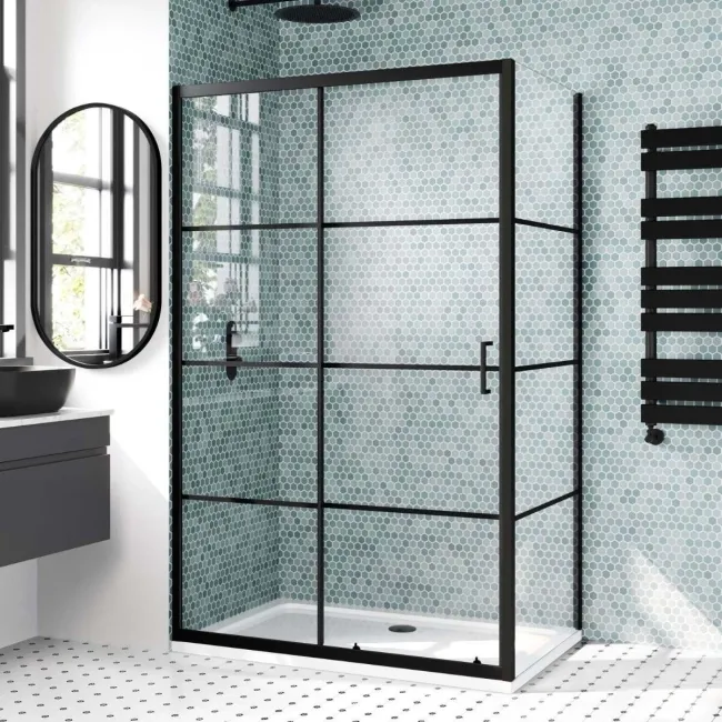 London Matt Black Grid Sliding Shower Enclosure | 1200x800mm