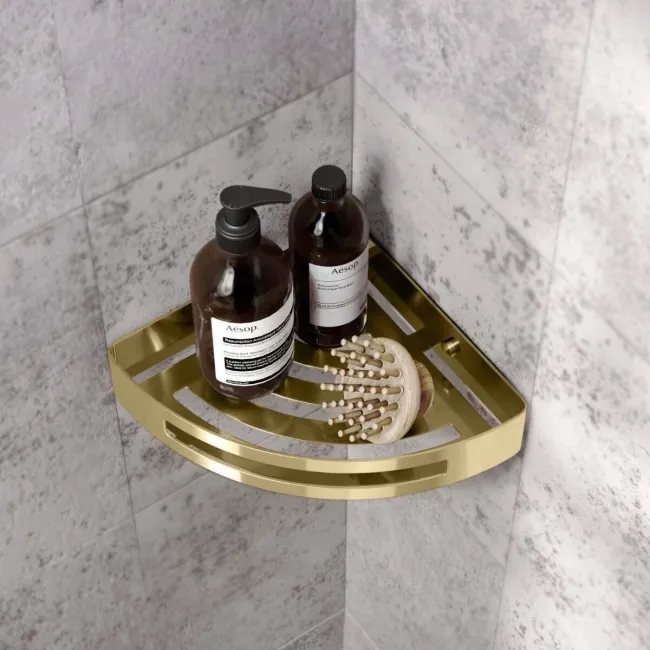 Ivy Brushed Brass Corner Soap Basket | Bathroom Mountain