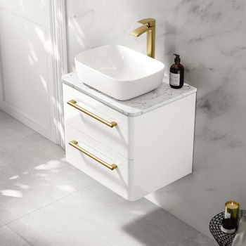 Omaha White Vanity w/ Marble & Curved Basin | 600mm | Brass